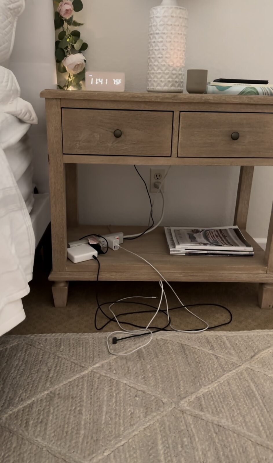 How To Organize Bedside Table Cords - Simply Organized